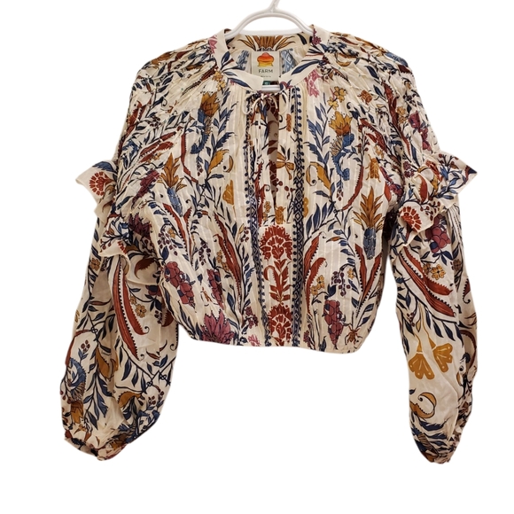 FARM Rio | Tops | Farm Rio Floral Blouse Ruffle Sleeve Keyhole Neck ...